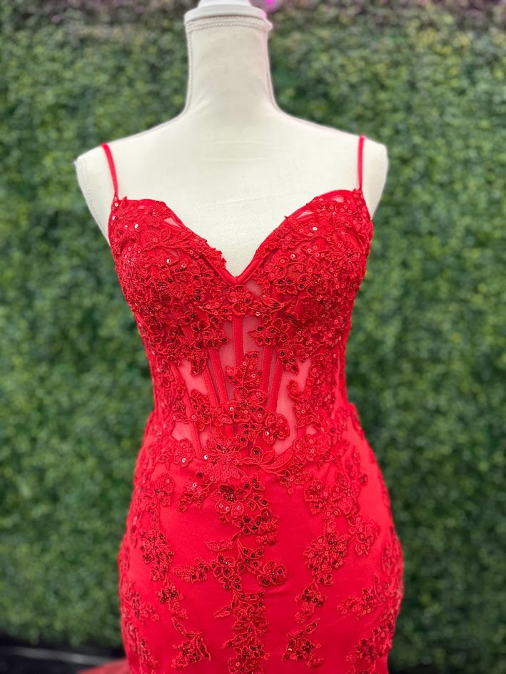 Candice Wang 72321 Size 4 Red Fitted Lace Mermaid Prom Dress Sheer Cor ...