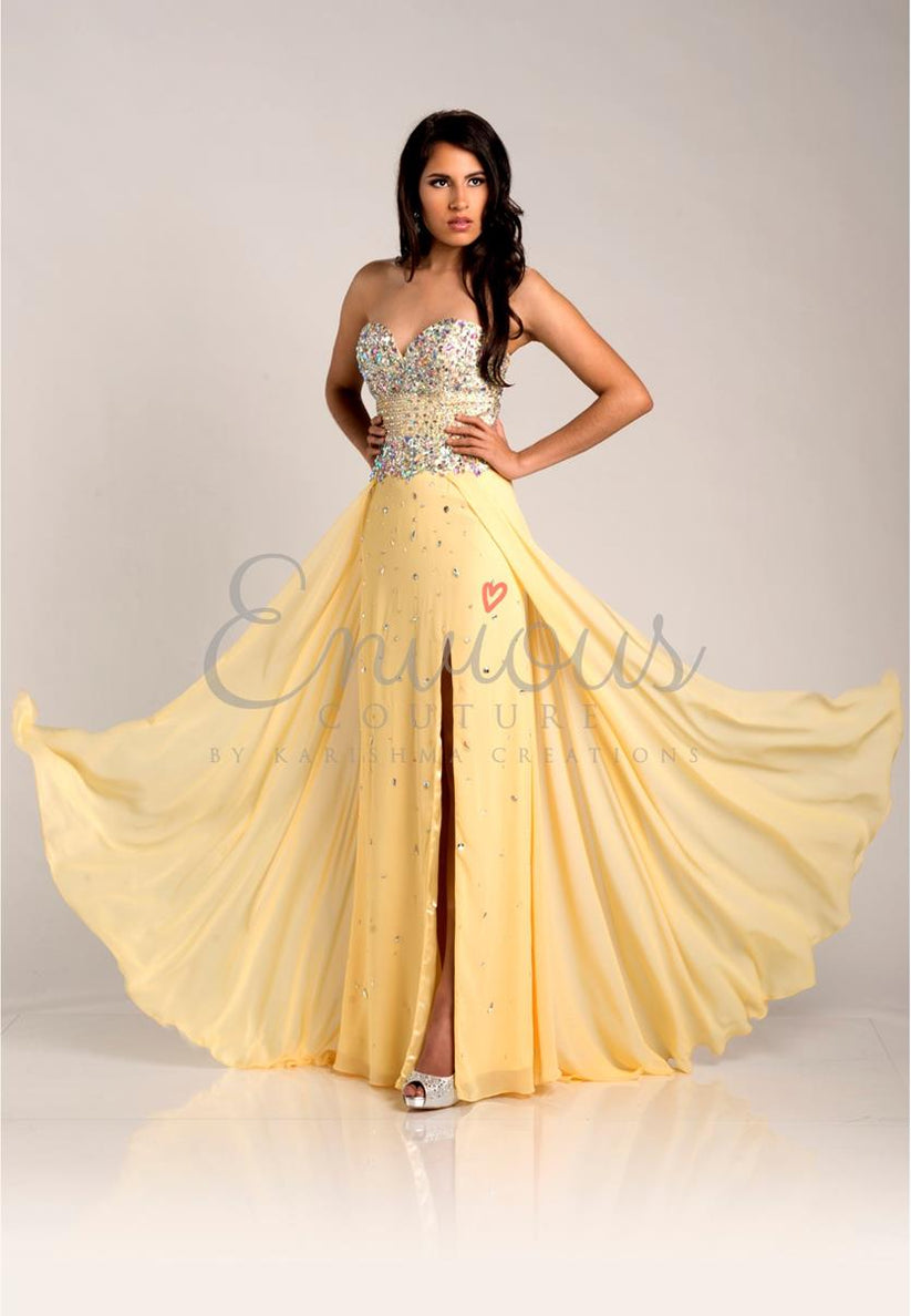 Envious Couture 15211 size 16 Yellow A Line Formal Dress Slit Prom Emb ...